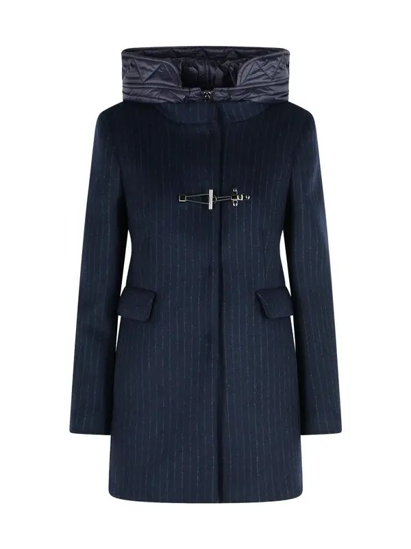 FAY Navy Wool Blend Pinstripe Coat With Adjustable Hood - Blue