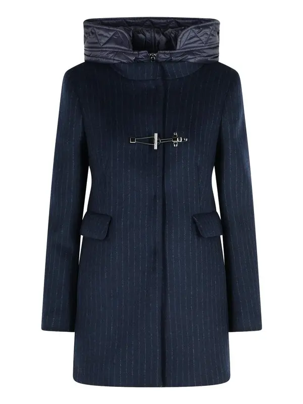 FAY Navy Wool Blend Pinstripe Coat With Adjustable Hood - Blue
