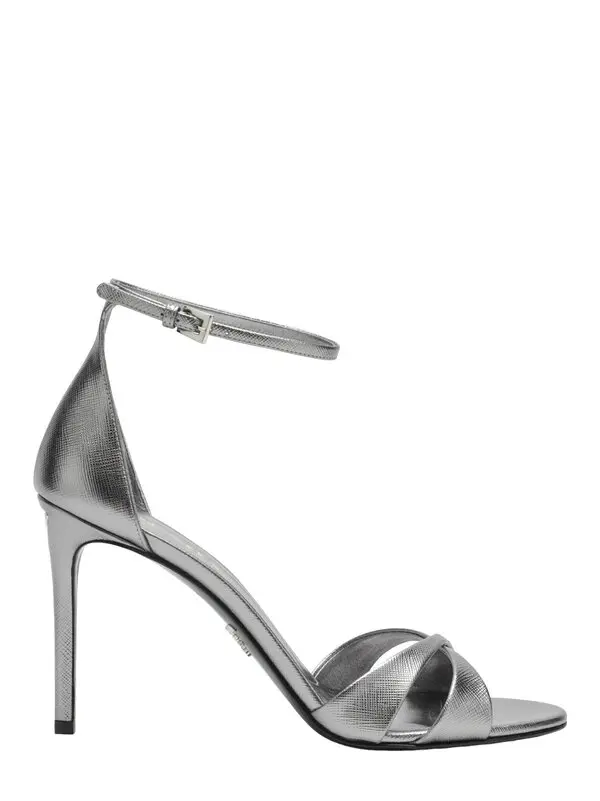 Prada Leather Heeled Sandals With Adjustable Ankle Strap - Silver