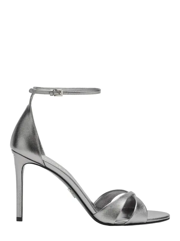 Prada Leather Heeled Sandals With Adjustable Ankle Strap - Silver