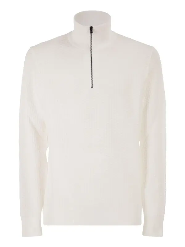 BOSS Textured Cotton High Neck Half-zip Sweater - White
