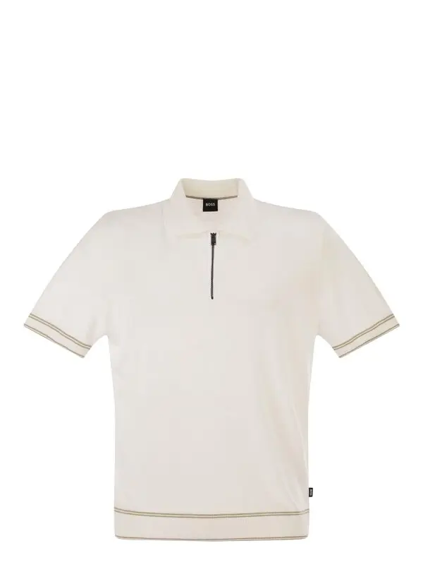 BOSS Linen And Viscose Polo Shirt With Zip And Contrast Trims - White