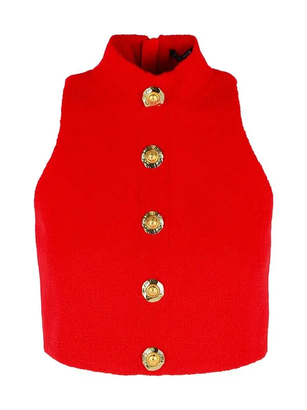 Balmain Virgin Wool Sleeveless Top With Decorative Buttons - Red