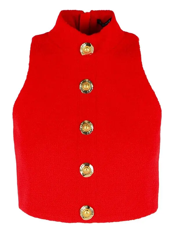 Balmain Virgin Wool Sleeveless Top With Decorative Buttons - Red