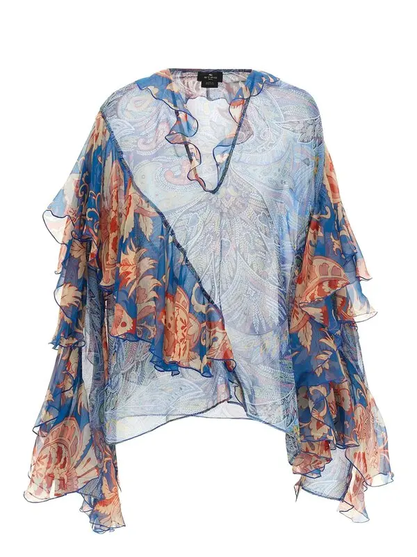 Etro Chiffon Blouse With Foliage And Floral Print - Blue