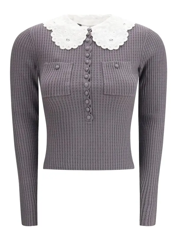 SELF-PORTRAIT Lace Collar Knit Top - Gray