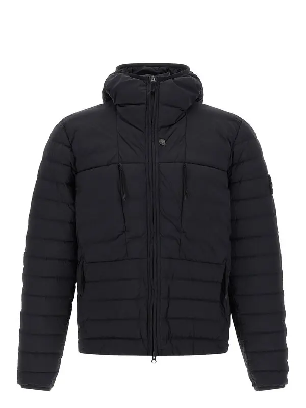 Stone Island Down Jacket With Hood And Drawstring Hem - Blue