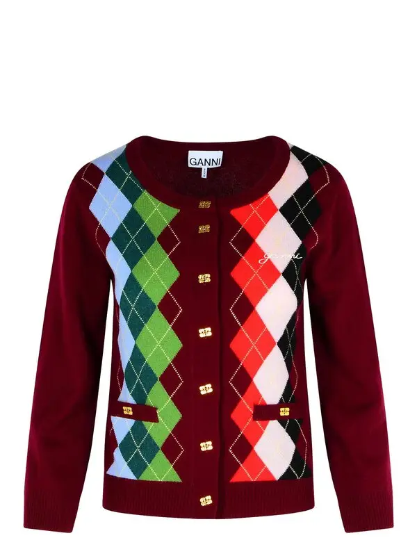 GANNI Burgundy Merino Wool Blend Check Cardigan - Multicolor
