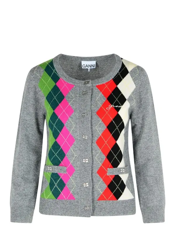 GANNI Checked Cashmere Blend Cardigan - Gray