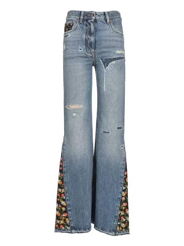 Valentino Garavani Flared Jeans With Floral Inserts - Blue