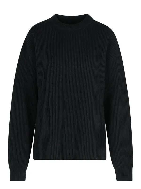 JIL SANDER Ribbed Merino Wool Oversized Crew Neck Sweater - Black
