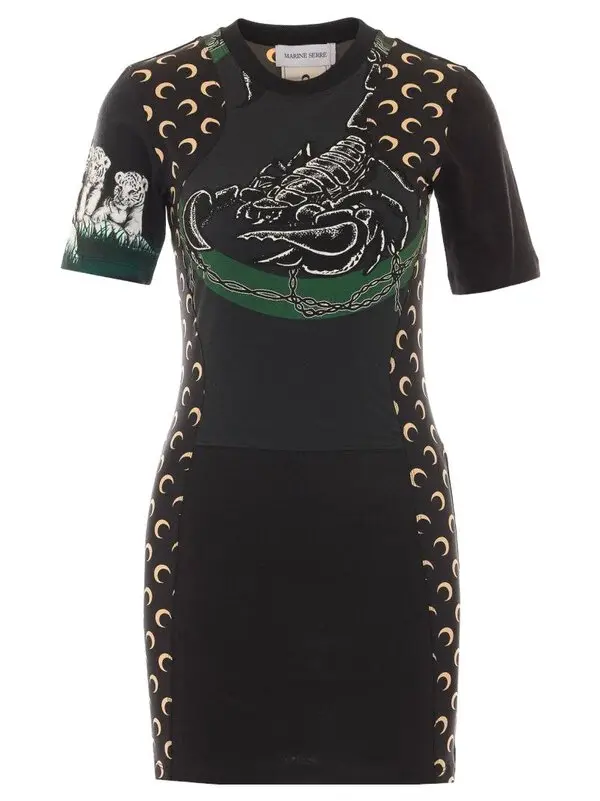 MARINE SERRE Multicolor All-over Logo Print Cotton Mini Dress - Black