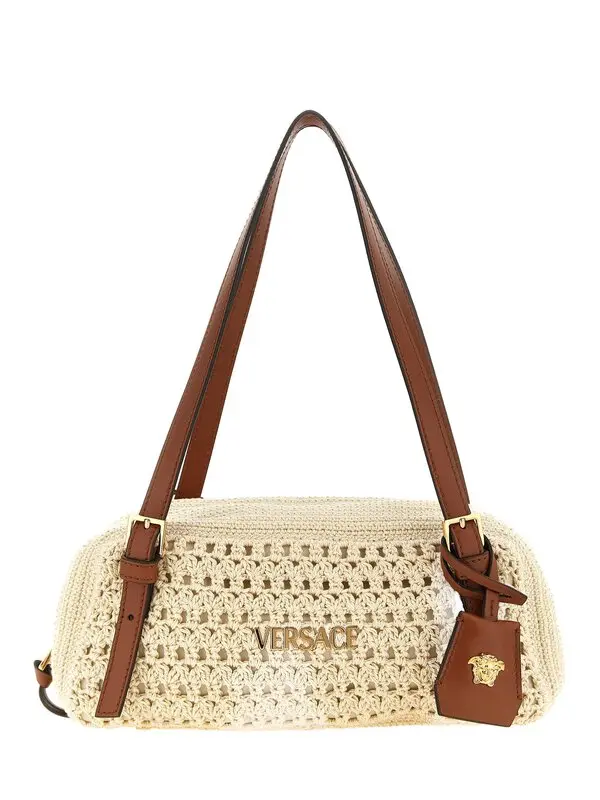 Versace Crochet Raffia Shoulder Bag With Nappa Leather Details - Cream
