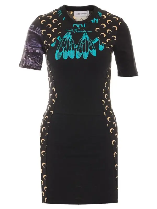MARINE SERRE Short Sleeve Crew Neck Printed Midi Dress - Black
