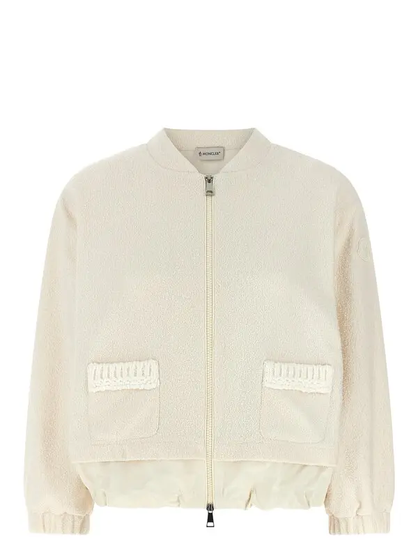 Moncler Bouclé Cardigan With Flared Silhouette And Drawstring Hem - White