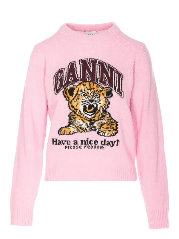 GANNI Graphic Print Wool Jumper - Pink