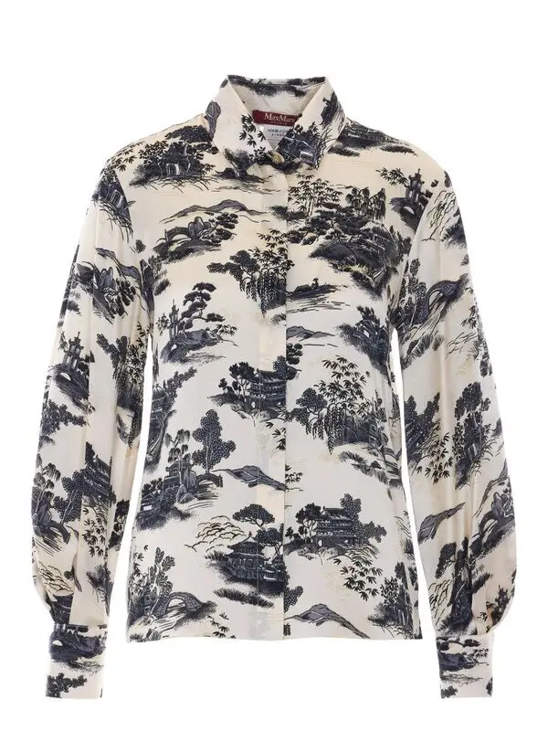 Max Mara Evetro Silk Graphic Print Long Sleeve Shirt - Black