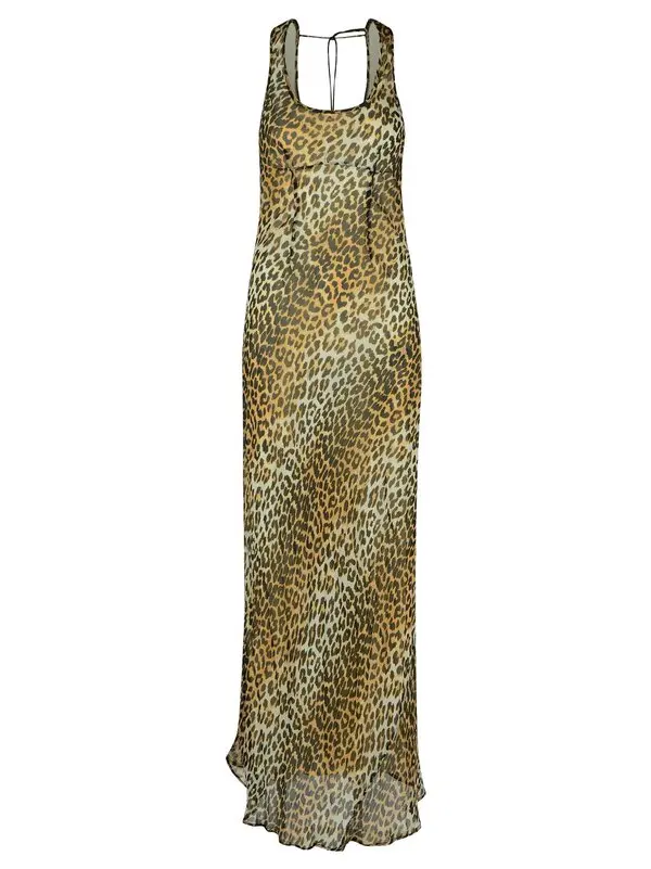 GANNI Leopard Print Viscose Long Dress - Multicolor