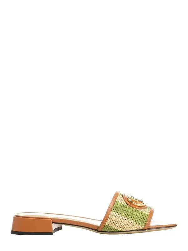 Valentino Garavani Striped Raffia And Leather Slides With Vlogo Decoration - Green