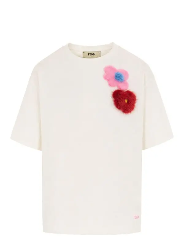 Fendi Cotton T-shirt With Floral Appliqu - White