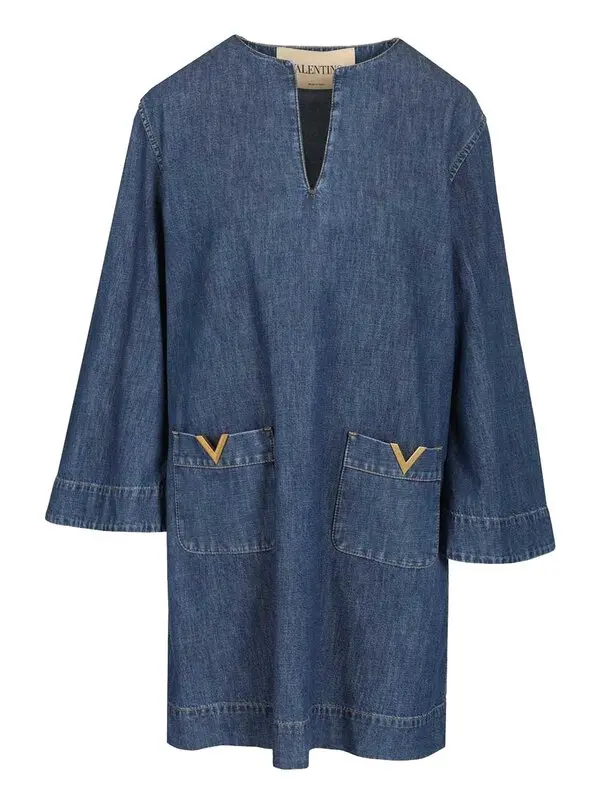 Valentino Garavani Chambray Denim Kaftan Dress With Gold V Detail - Blue