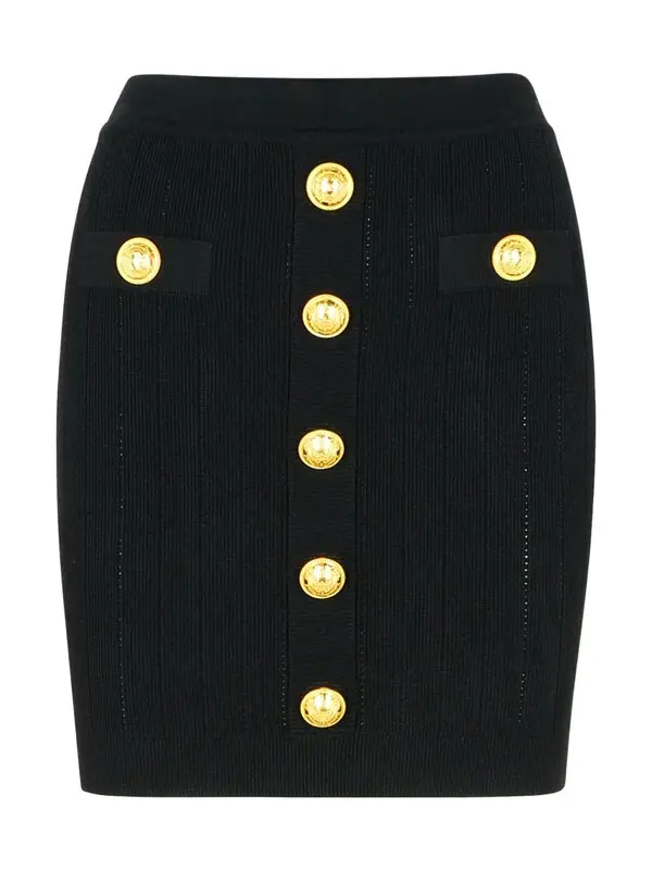 Balmain Ribbed Viscose Blend Miniskirt With Gold Tone Buttons - Black