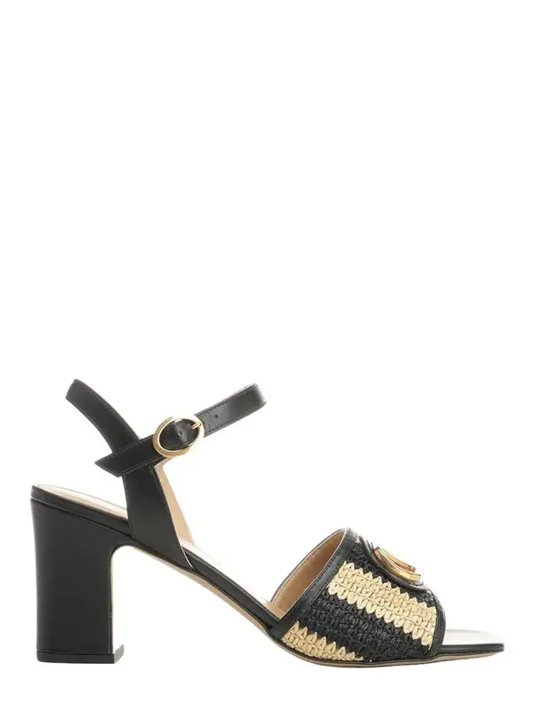 Valentino Garavani Striped Raffia And Leather Sandals With Vlogo Signature - Black