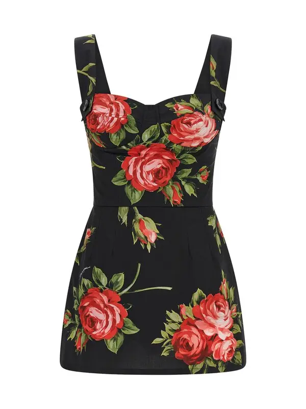 Dolce & Gabbana Bouquet Rose Print Cotton Top - Black