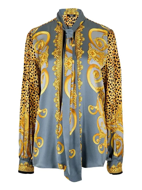 Versace Cheetah & Baroque Print Silk Lavalliere Shirt - Multicolor