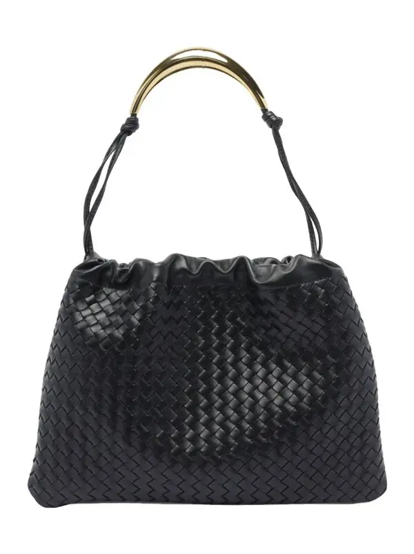 Bottega Veneta Woven Lamb Leather Dustbag Bag With Gold Tone Hoop Handle - Black