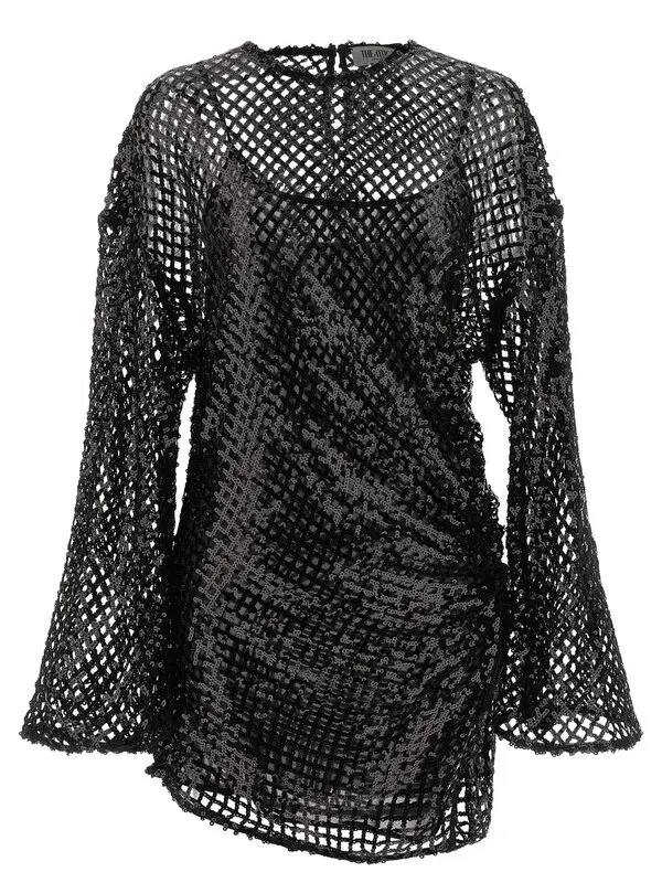 Attico Sequin Mesh Crew Neck Mini Dress With Flared Sleeves - Black