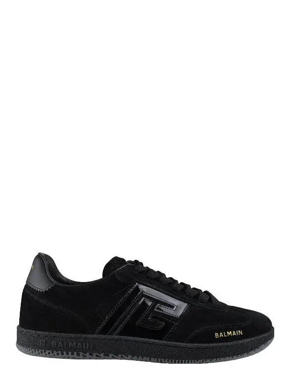 Balmain Suede Sneakers With Patent Leather Logo - Black