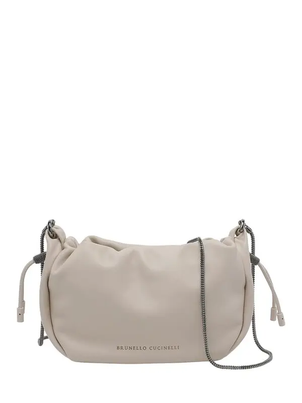 Brunello Cucinelli Mini Mellow Bucket Bag With Precious Chain - White