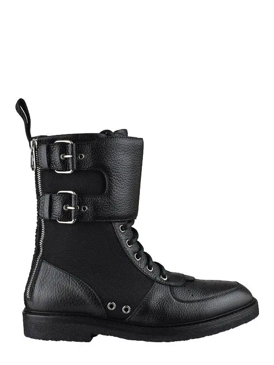 Balmain Leather And Canvas Combat Boots With Silver Buckle Detail - Black