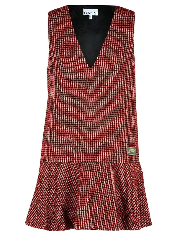 GANNI Wool Blend Dress With Contrast Patterns - Red