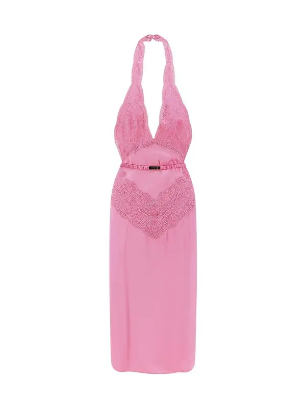 Gucci Silk Satin Midi Dress With Lace Trim And Buckled Waistband - Multicolor