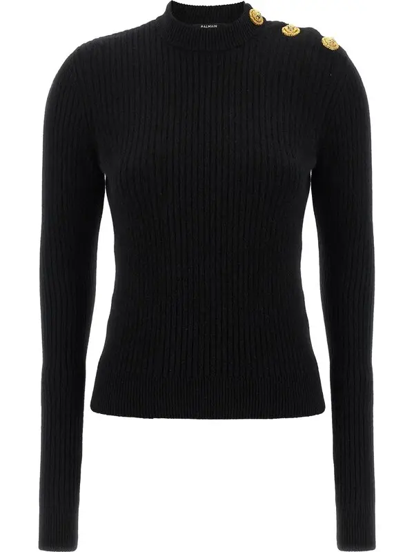Balmain Ribbed Crew Neck Sweater With Metal Button Detail - Black
