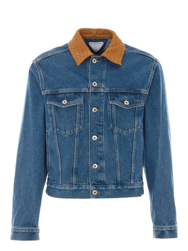 Bottega Veneta Denim Jacket With Intrecciato Collar - Blue