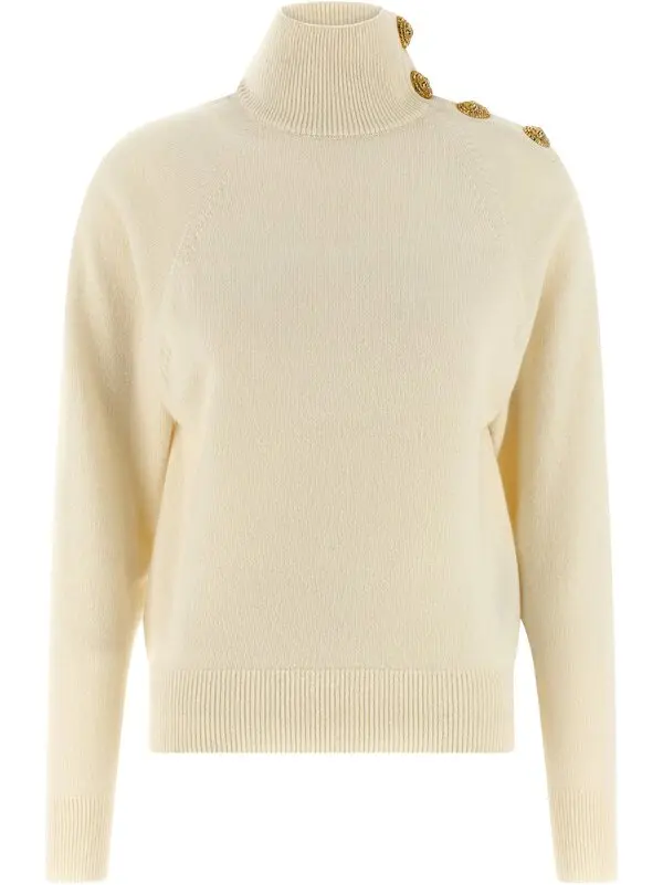 Balmain Cashmere Wool Sweater With Lion Head Button Detail - White