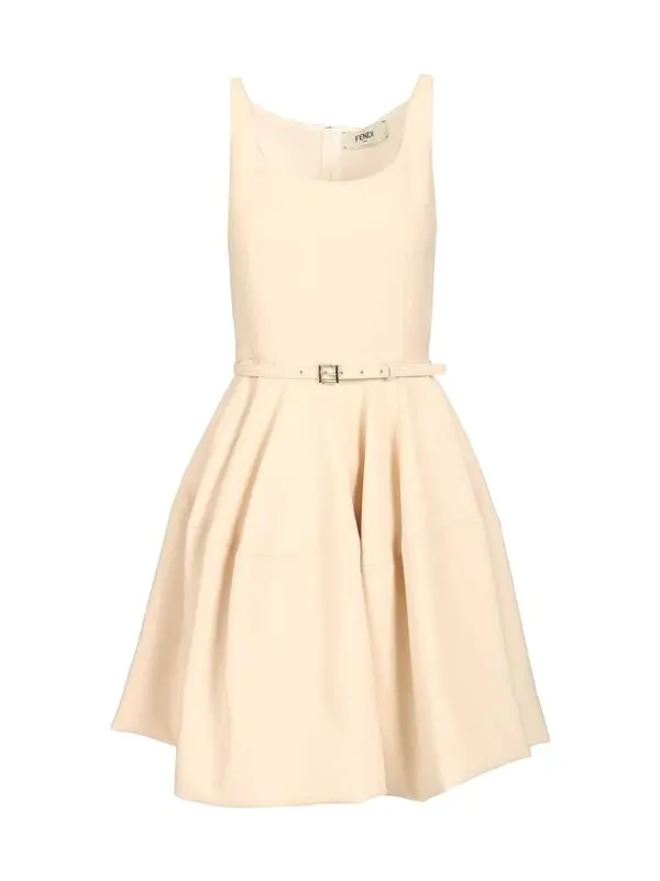 Fendi Sleeveless Wool And Silk Blend Mini Dress With Logo Belt - Cream