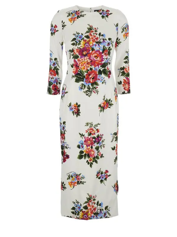 Dolce & Gabbana White Silk Floral Print Midi Dress - Multicolor