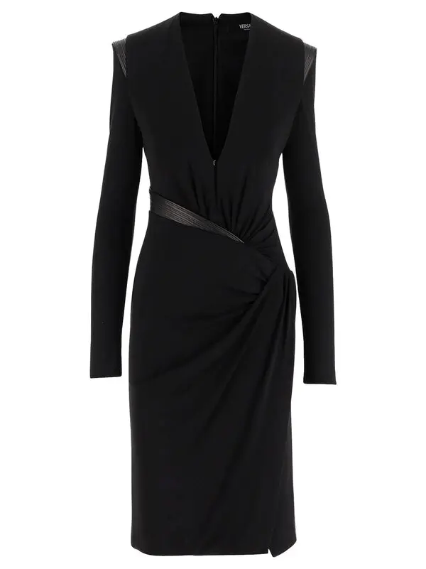 Versace V-neck Crepe Mini Dress With Draped Detail - Black