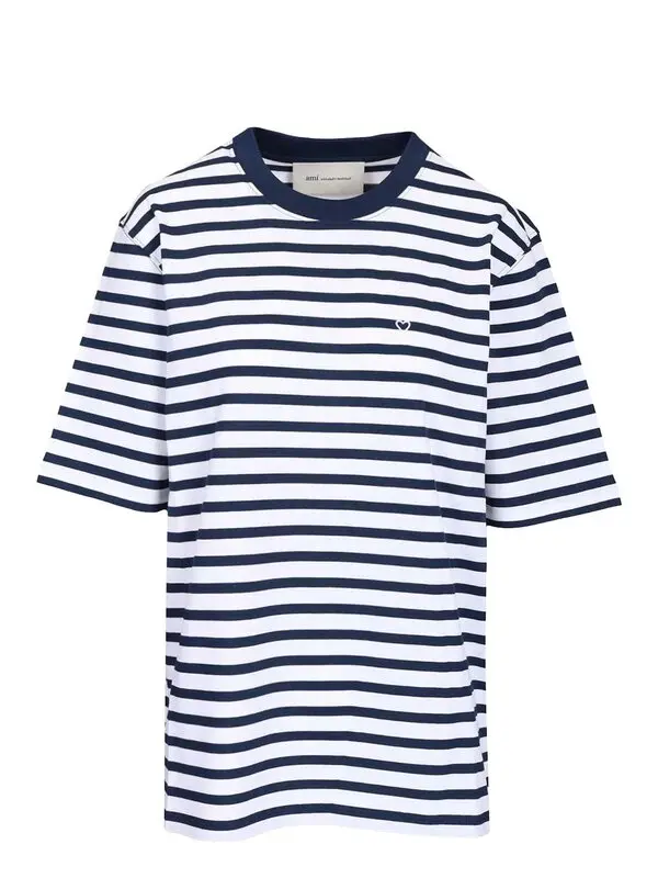 Ami Striped Crewneck Short Sleeve T-shirt With De Coeur Patch - Blue