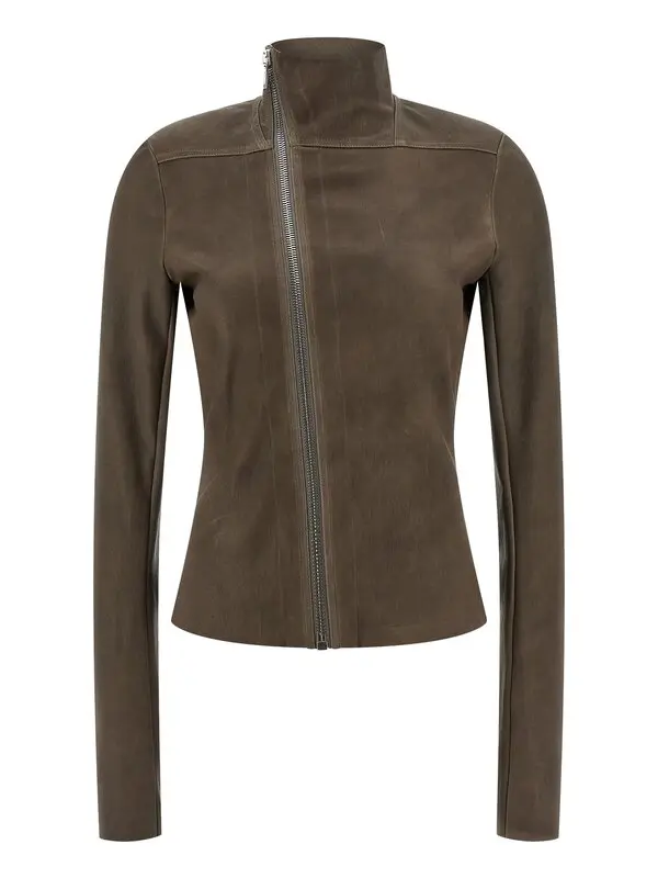 Rick Owens Gary Leather Jacket With Asymmetrical Zip - Brown