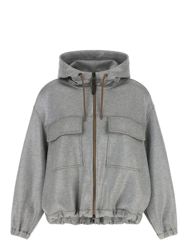 Brunello Cucinelli Mélange Cotton Bomber Jacket With Shiny Zipper Pull - Silver
