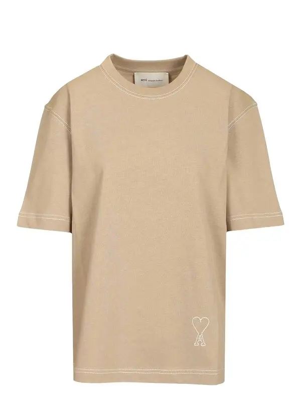 Ami Boxy Fit T-shirt With Topstitched De Coeur - Cream