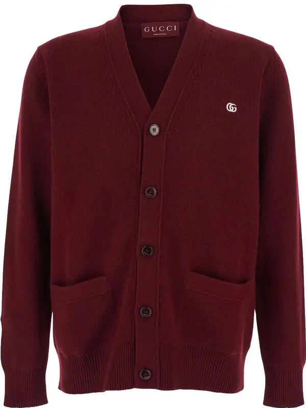 Gucci Bordeaux Cashmere V-neck Cardigan With Gg Embroidery - Multicolor