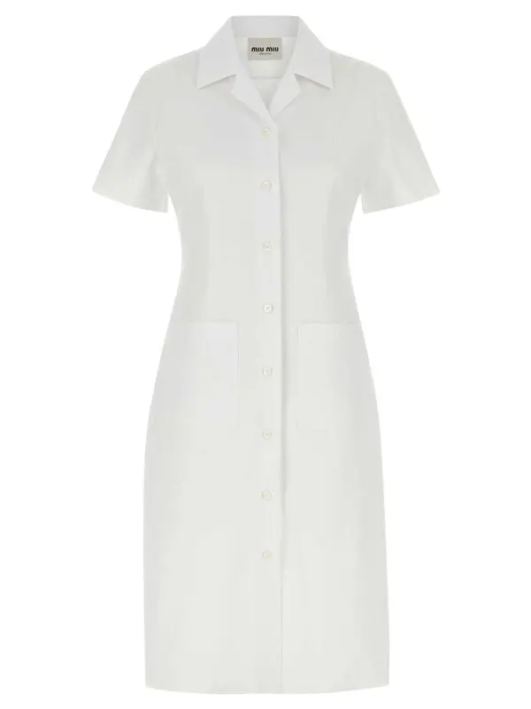 Miu Miu Poplin Shirt Dress With Classic Collar And Pockets - White