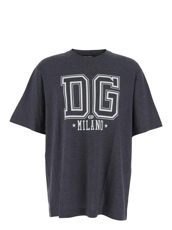 Dolce & Gabbana Grey Crewneck T-shirt With Logo Print On The Front In Cotton - Multicolor