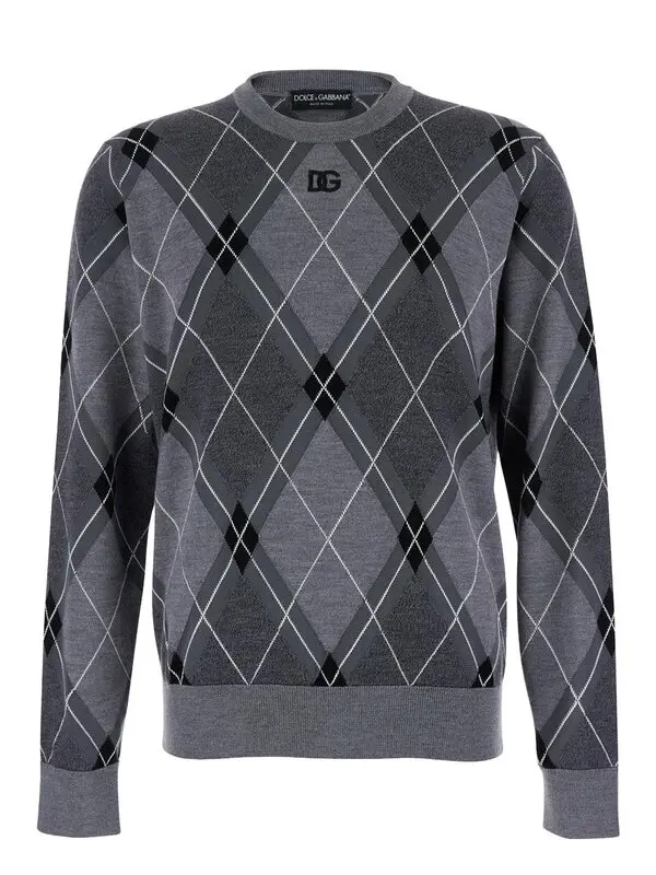 Dolce & Gabbana Grey Argyle Wool Blend Crew Neck Sweater - Multicolor